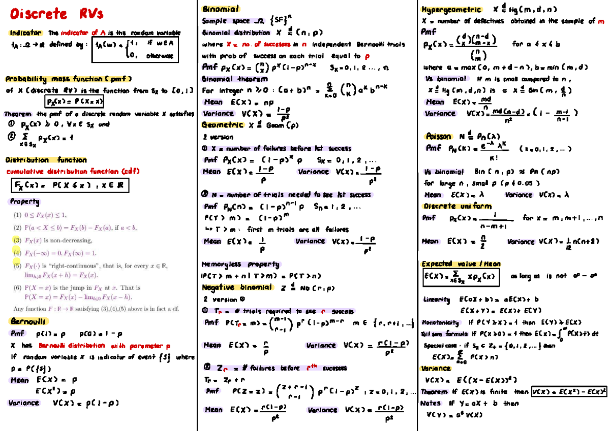 Discrete RVs Summary: Indicator Variables & Binomial Distribution (MATH101) - Studocu