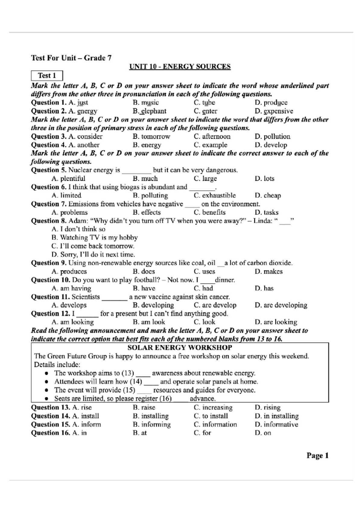 Test For Unit 7 - UNIT 10: Energy Sources Assessment - Studocu