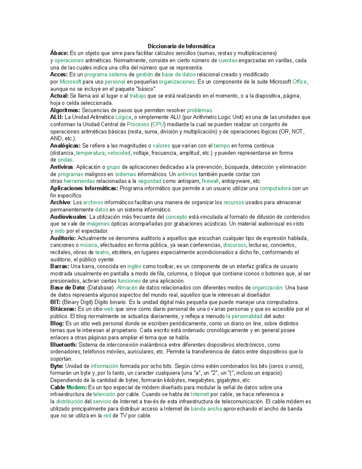 Diccionario de Informática: Términos y Definiciones Clave - Studocu