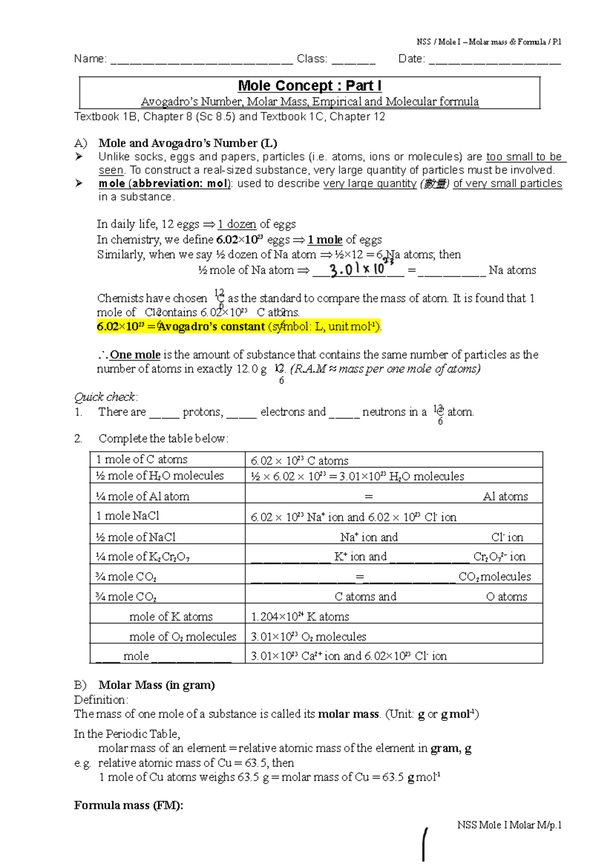 (CWC2425) notes mole concept I - Name ...