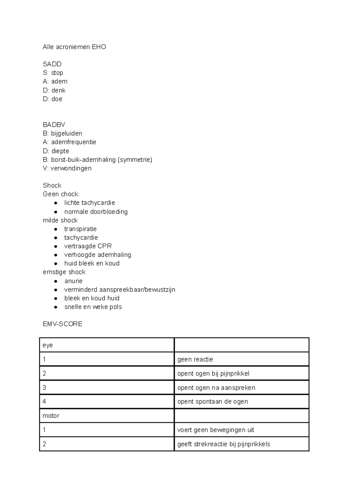 Acroniemen en Scores voor EHO - Essentiële Hulp Instructies - Studeersnel