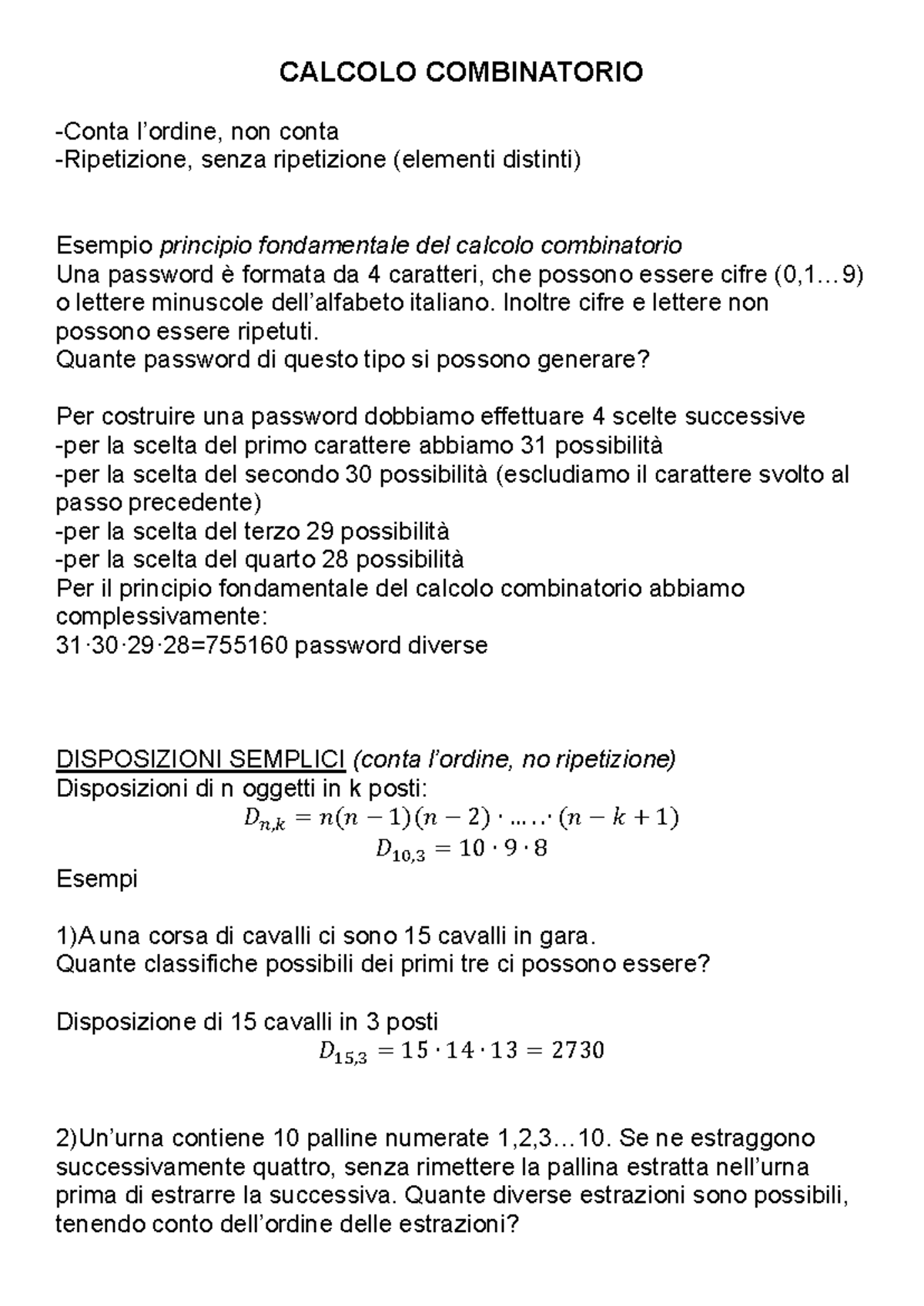 Esercizi e Teoria del Calcolo Combinatorio (Matematica 101) - Studocu