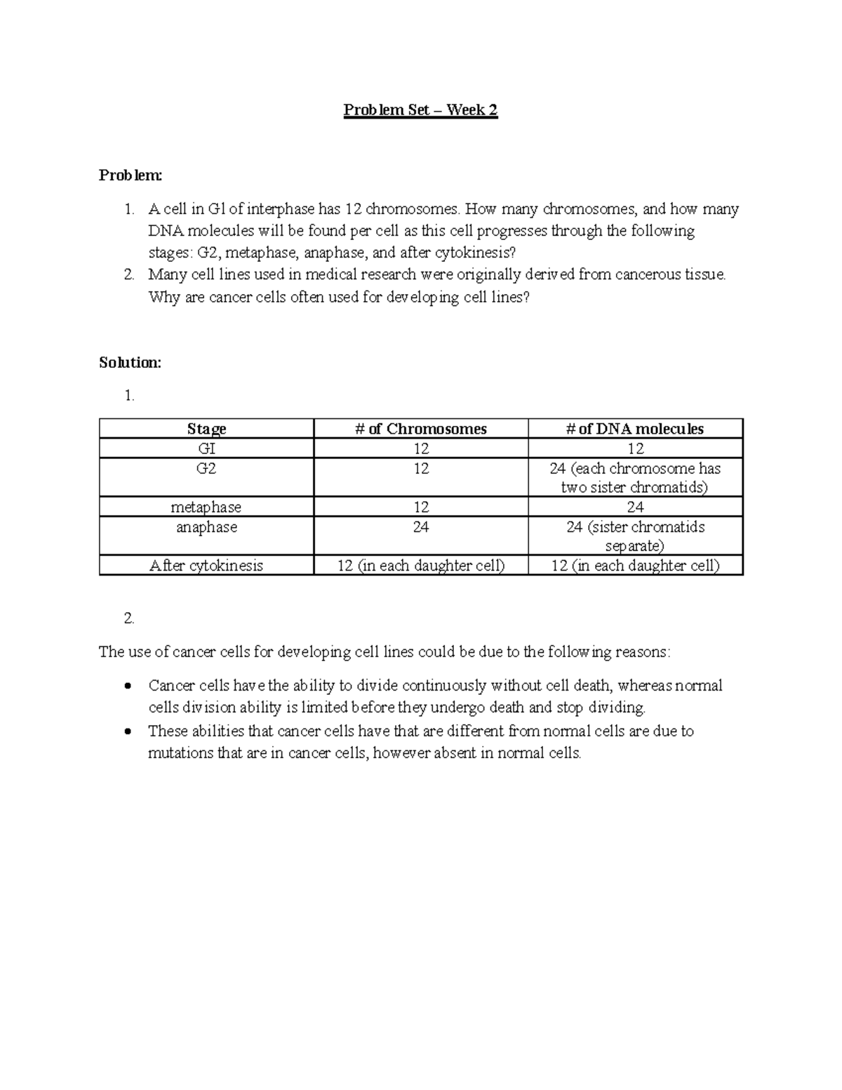 Biol2104 week 2 problem set: cell division and cancer cell lines - Studocu