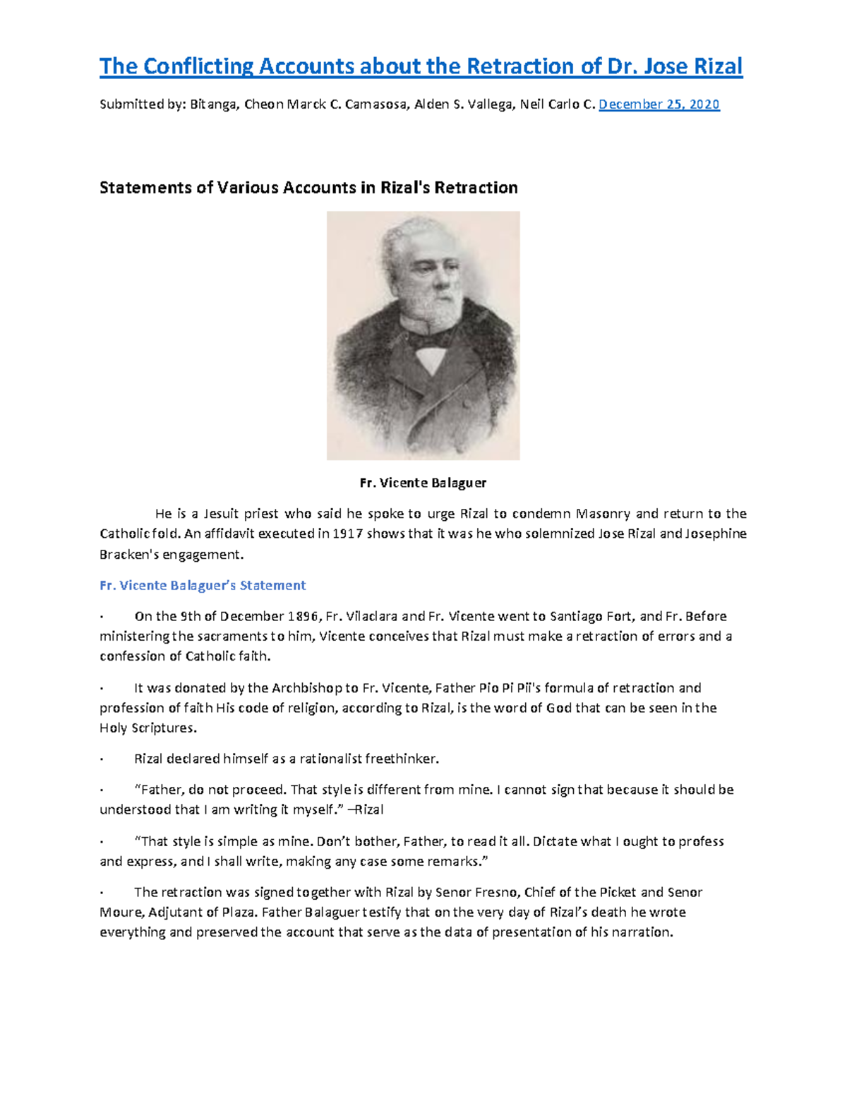 Conflicting Accounts on Dr. Jose Rizal's Retraction: A Study of Perspectives - Studocu