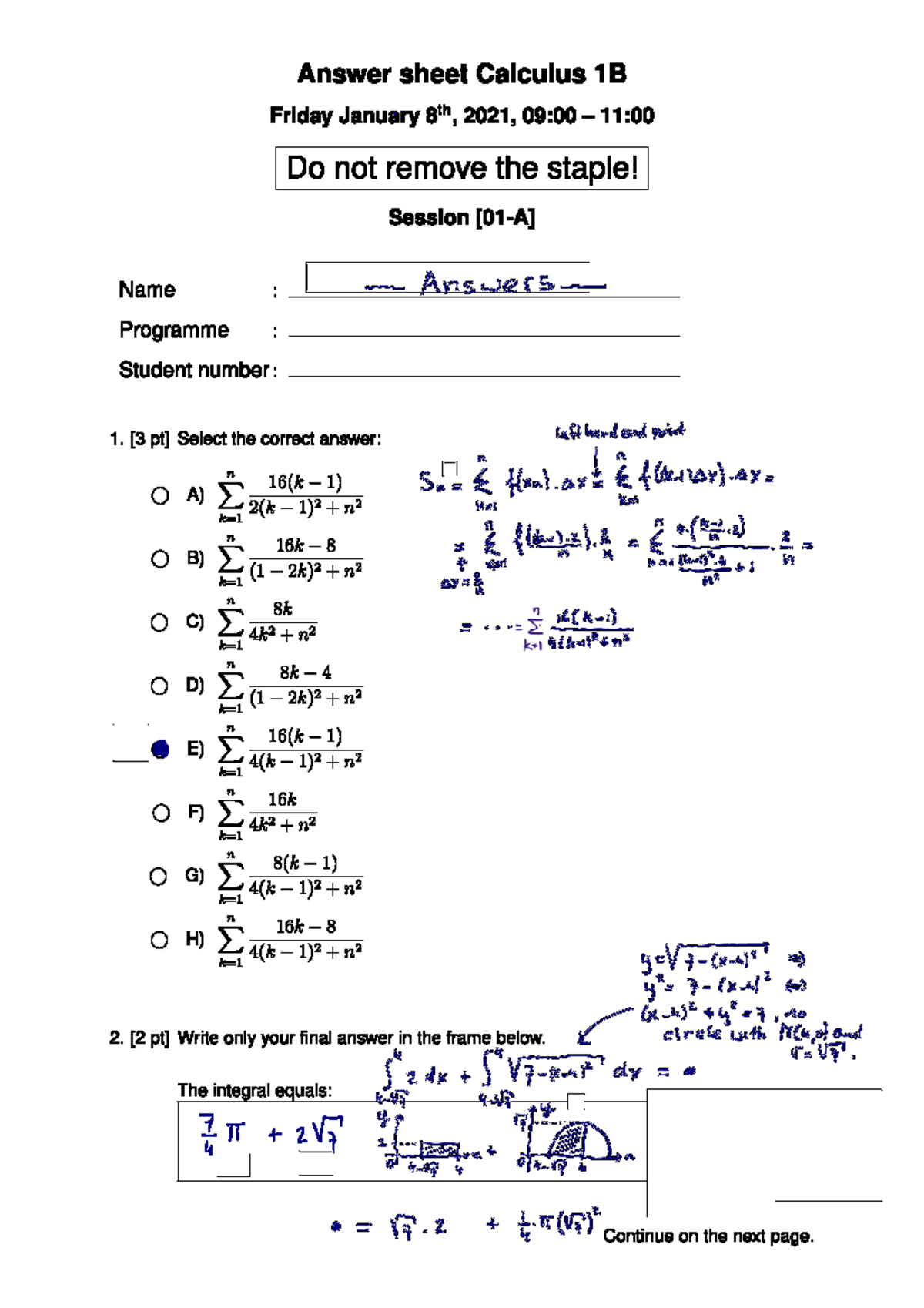 Calculus 1B Answer Sheet - January 8, 2021 - Studocu