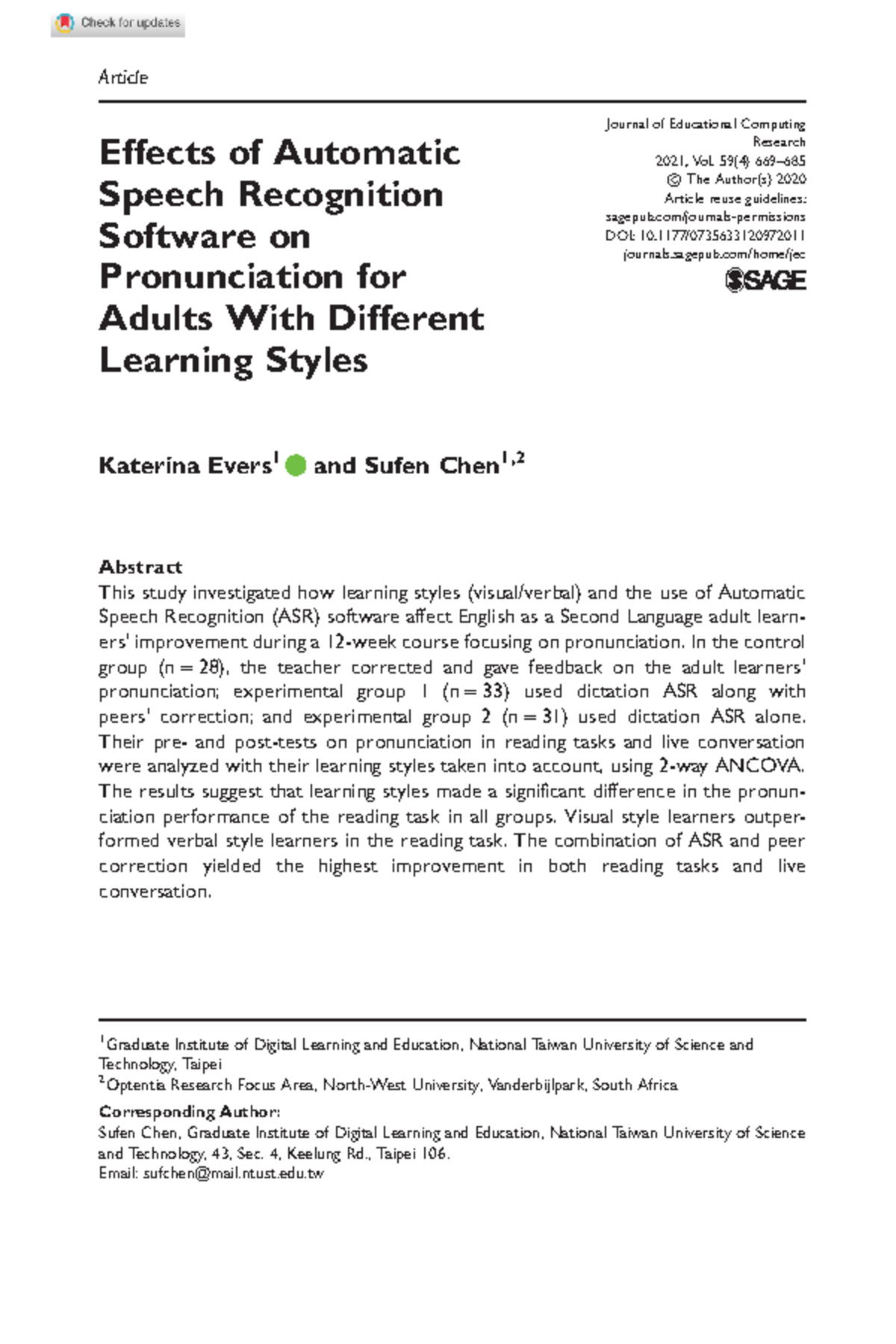 Impact of ASR Software on Adult Learners' Pronunciation by Evers & Chen ...