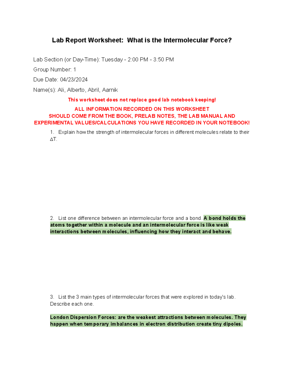 Lab Report Worksheet: Intermolecular Forces & Their Effects (Chem 101 ...