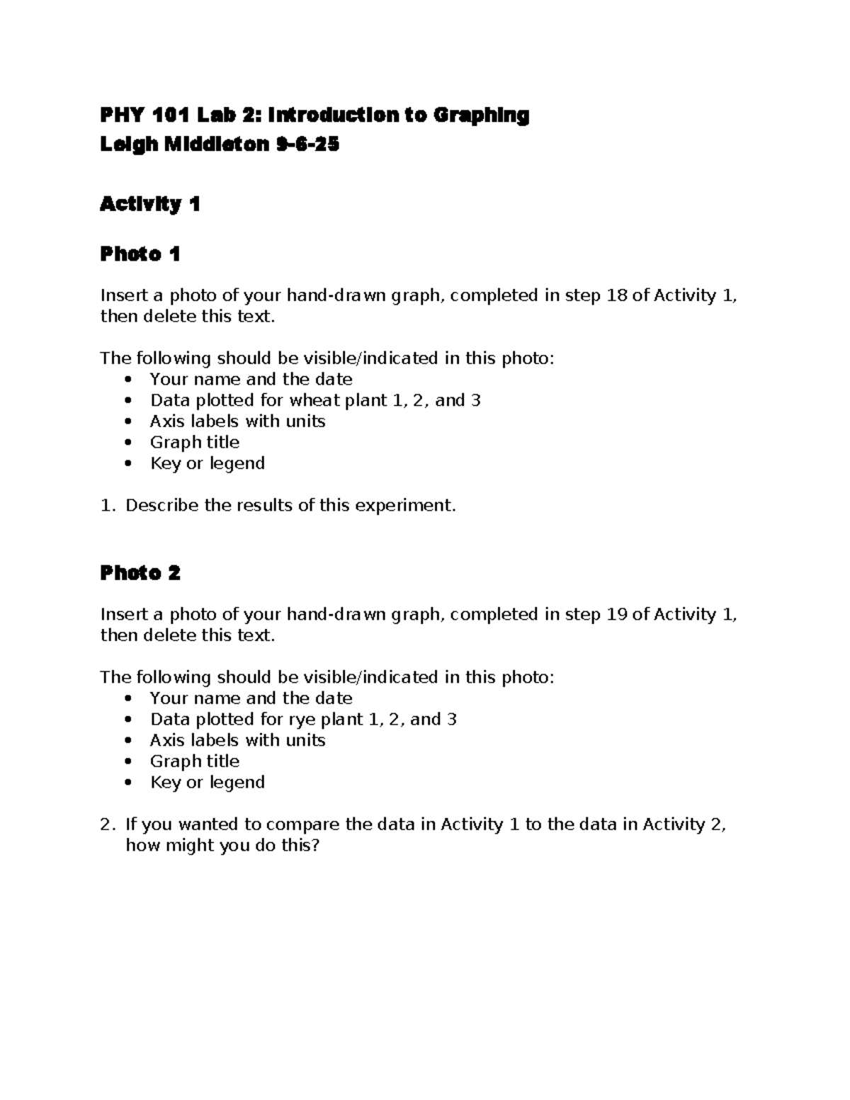 PHY 101 Lab 2: Graphing Wheat and Rye Plant Data Analysis - Studocu