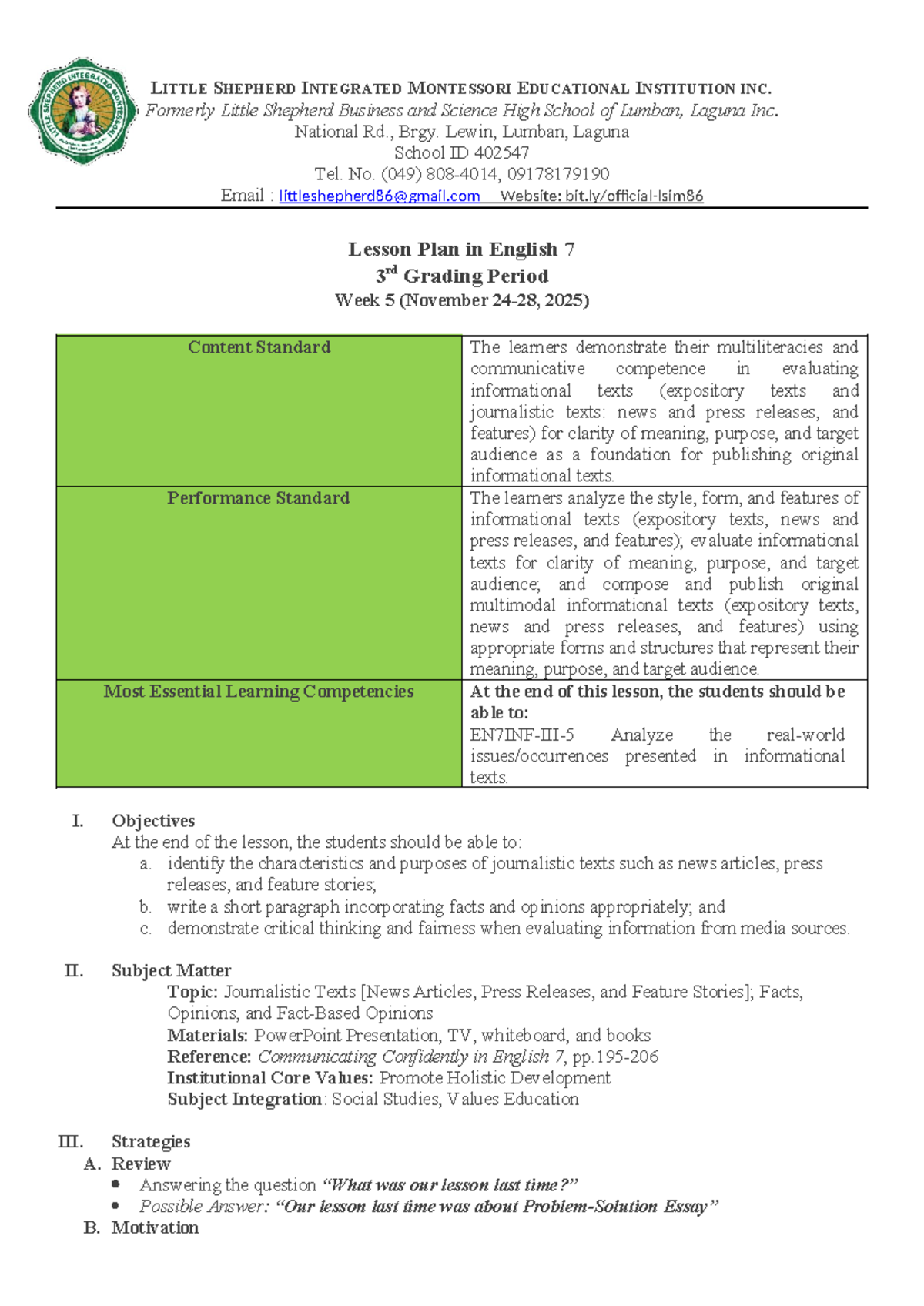 LP G7: Lesson Plan on Journalistic Texts for 3rd Grading Period - Studocu