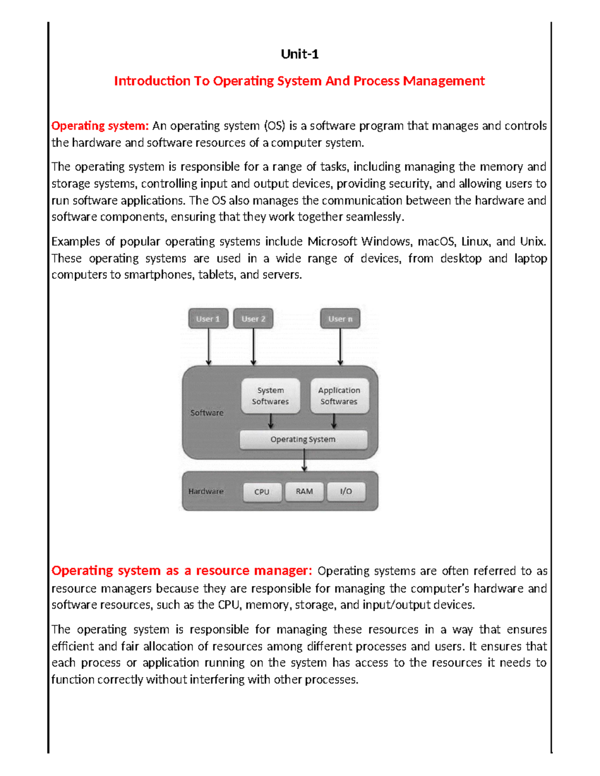 MCA Unit-1: Introduction to Operating Systems and Process Management ...