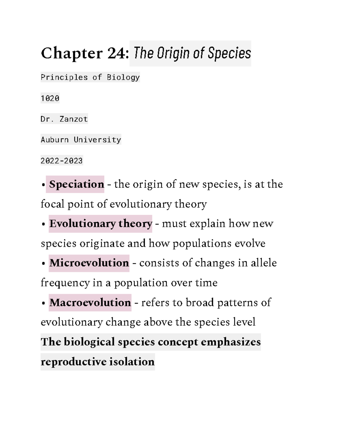 Chapter 24 The Origin of Species - Chapter 24: The Origin of Species Principles of Biology 1020 ...
