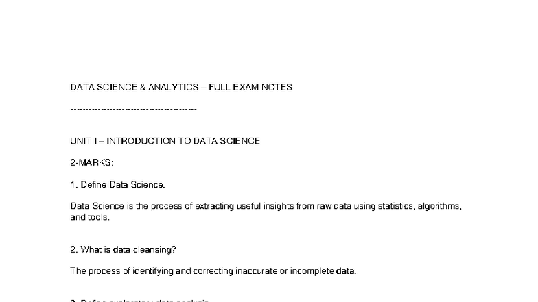 DATA SCIENCE ANALYTICS FULL EXAM NOTES UNIT I-IV - Studocu