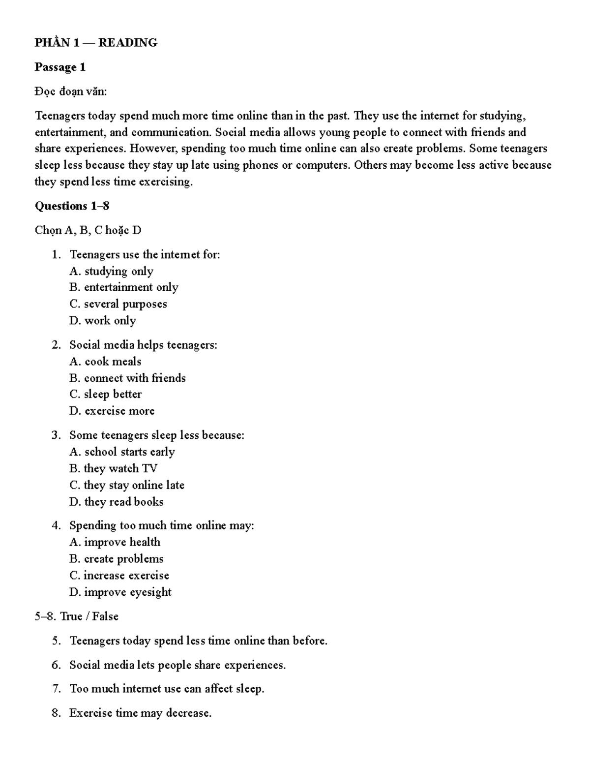 PHẦN 1 READING & LISTENING: Teenagers' Online Habits & Club Experiences ...