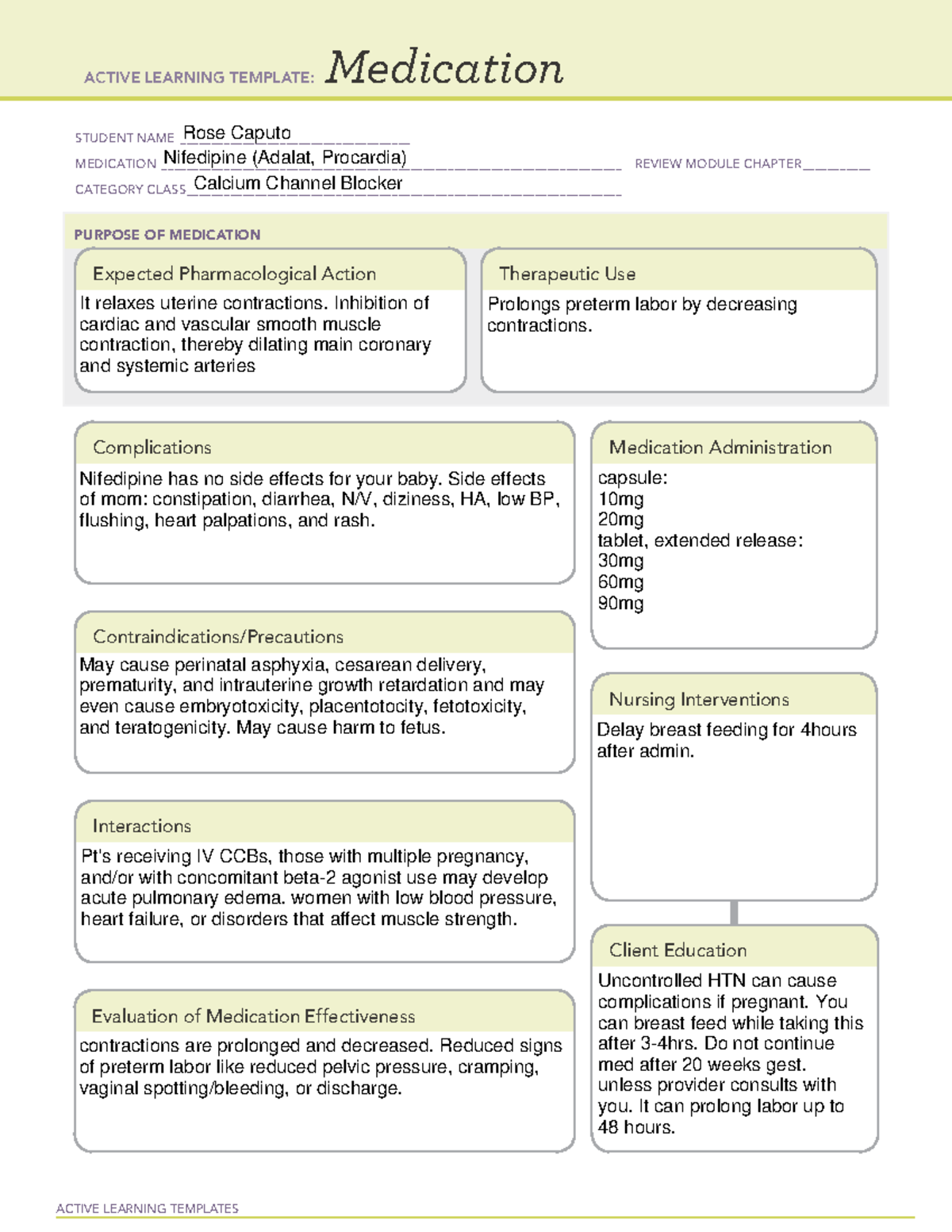 Med card #8 Nifedipine - ACTIVE LEARNING TEMPLATE: Medication Rose ...