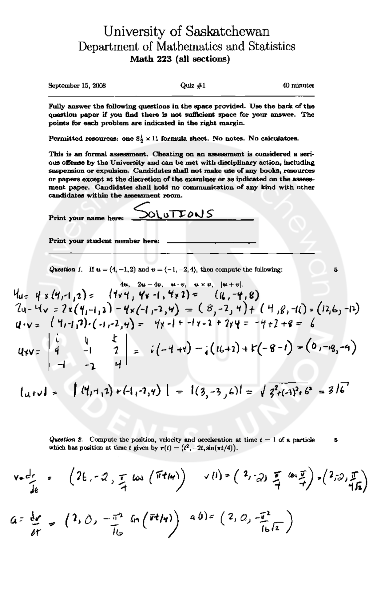 Math 223 - 2008 Quiz #1 Practice Test and Questions - Studocu