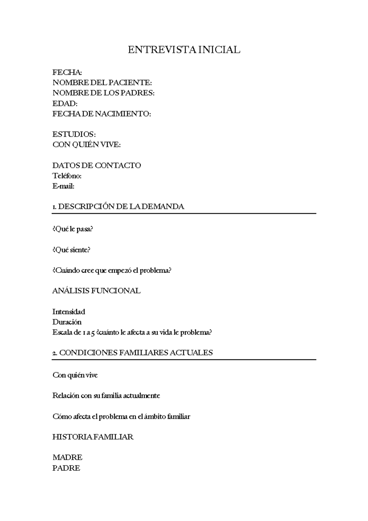 Modelo entrevista inicial niños - ENTREVISTA INICIAL FECHA: NOMBRE DEL ...