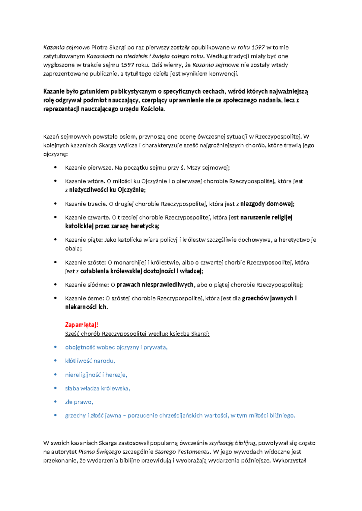Kazania sejmowe Piotra Skargi - Notatki z 1597 roku - Studocu