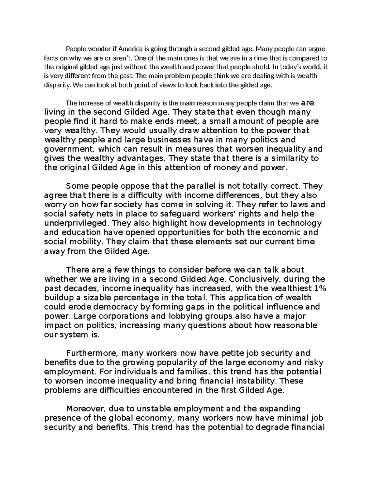 Gilded Age Essay Analysis: Examining Wealth Disparity Today - Studocu
