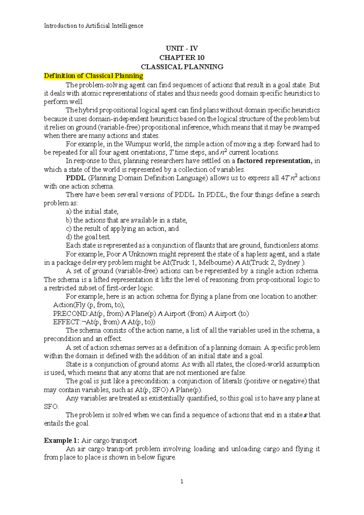 IAI 101 Unit IV Notes: Classical Planning in Artificial Intelligence ...