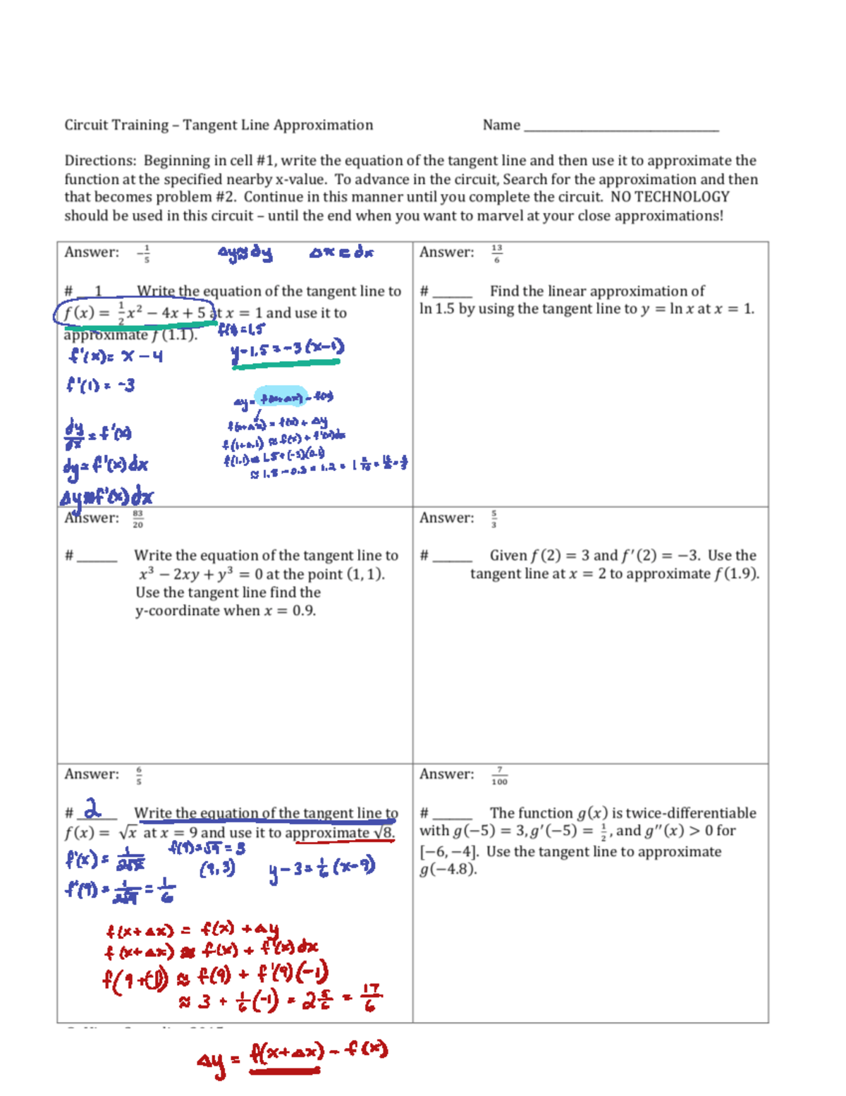 Circuit - Tangent Line Approximations - MATH 121 - oyady ox dx 11 1. no ...