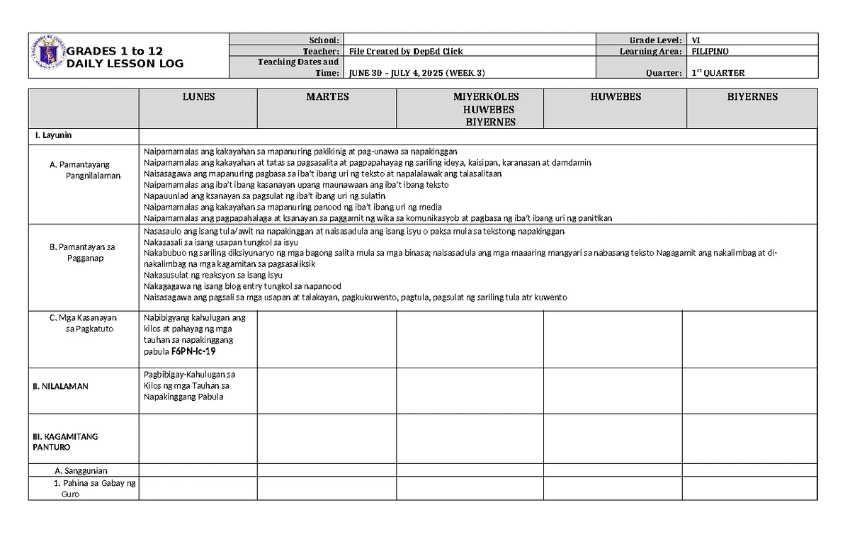 DLL English 6 Q1 W3 - Daily Lesson Log for Grades 1-12 - Studocu