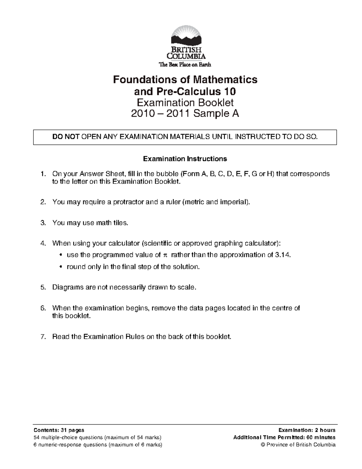 Math final exam review - just do - Contents: 31 pages Examination: 2 ...