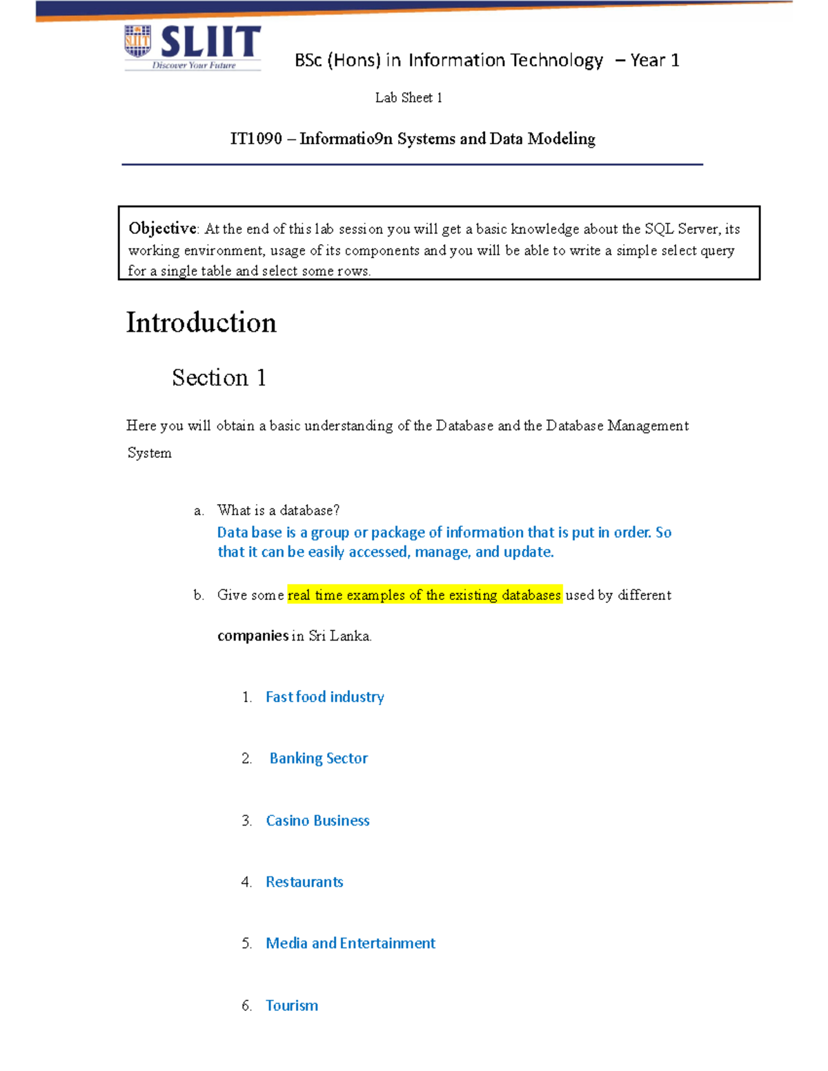 ISDM Labsheet 01 - www - Lab Sheet 1 IT1090 – Informatio9n Systems and Data Modeling Objective ...