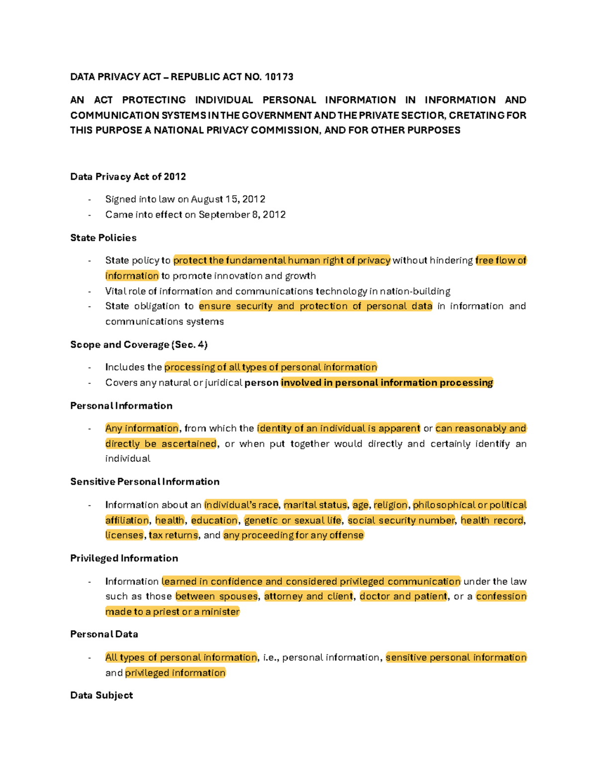 DPA - Provisions of DPA - DATA PRIVACY ACT – REPUBLIC ACT NO. 10173 AN ...