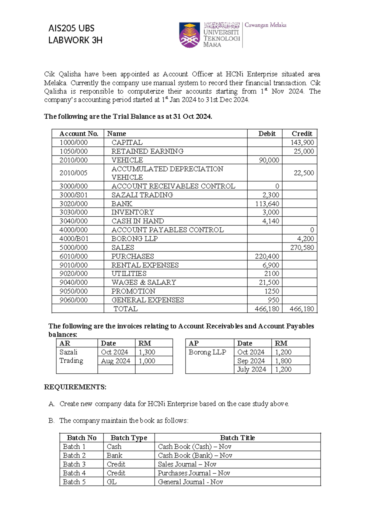 AIS205 UBS Labwork 3H - HCNi Enterprise Accounting Case Study - Studocu
