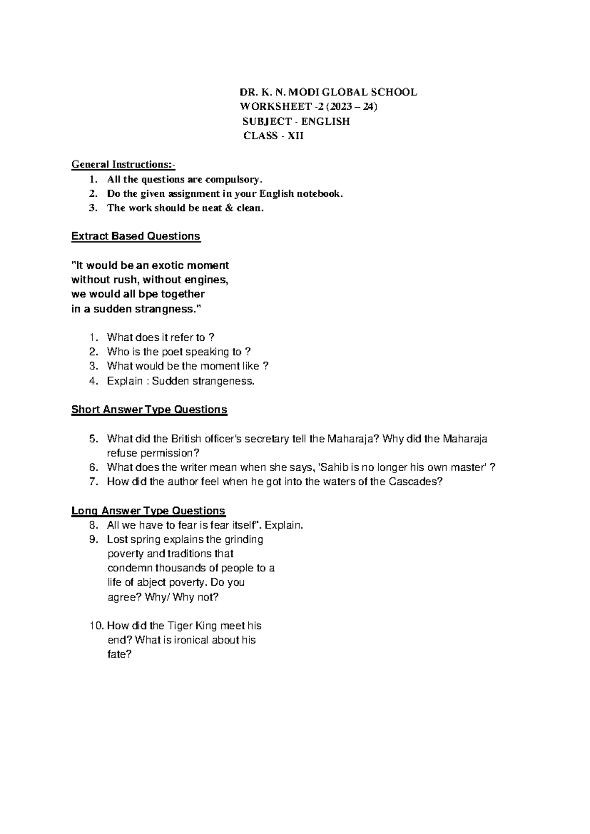 ENGLISH CLASS XII WORKSHEET (2023-24) - DR. K. N. MODI SCHOOL - Studocu