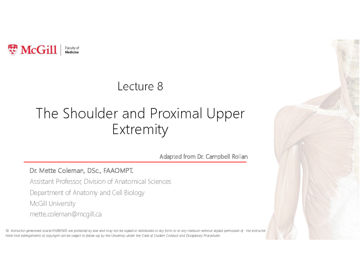 ANAT 315 L8: Shoulder and Proximal Upper Extremity Overview - Studocu