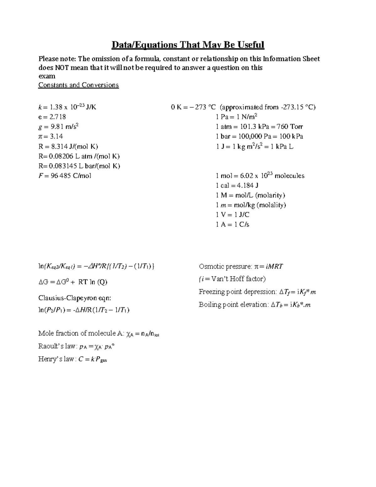 Midterm 2 Useful Formulas & Constants Sheet for Exam Preparation - Studocu