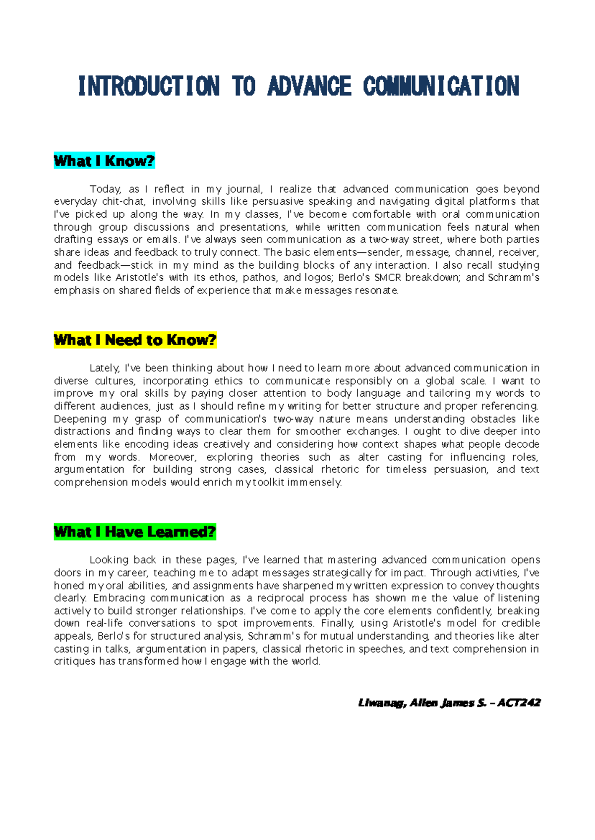 ACT242 Advanced Communication: Insights and Reflections - Studocu