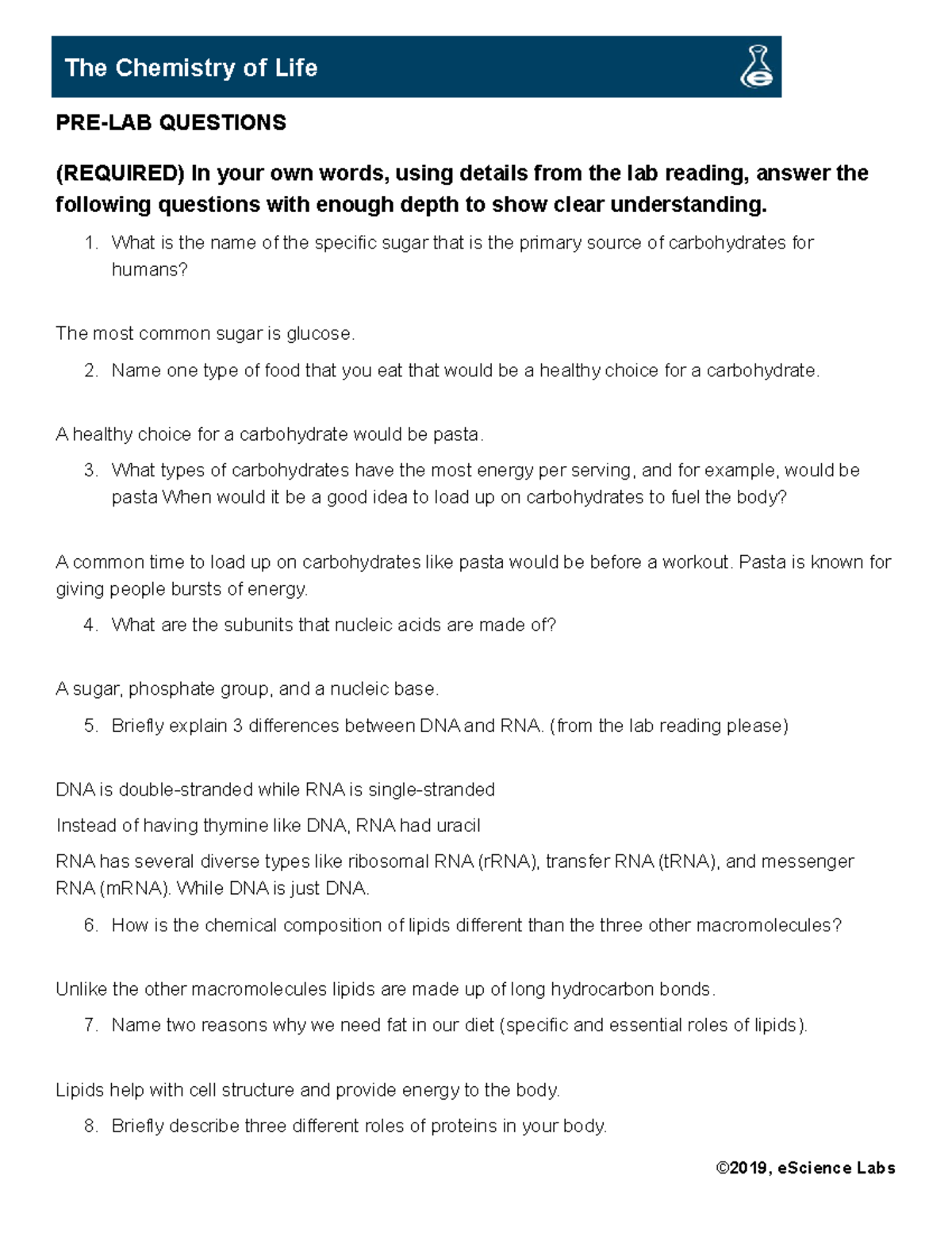 Chem of Life Lab - Answer Key for Experiment Tests & Results - Studocu