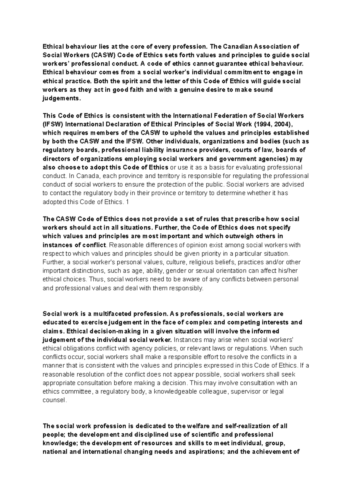 CASW Code of Ethics for Social Workers: Core Values and Guidance - Studocu