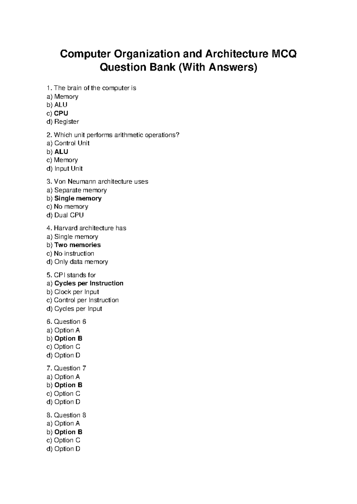 COA MCQ Question Bank: Computer Organization & Architecture - Studocu