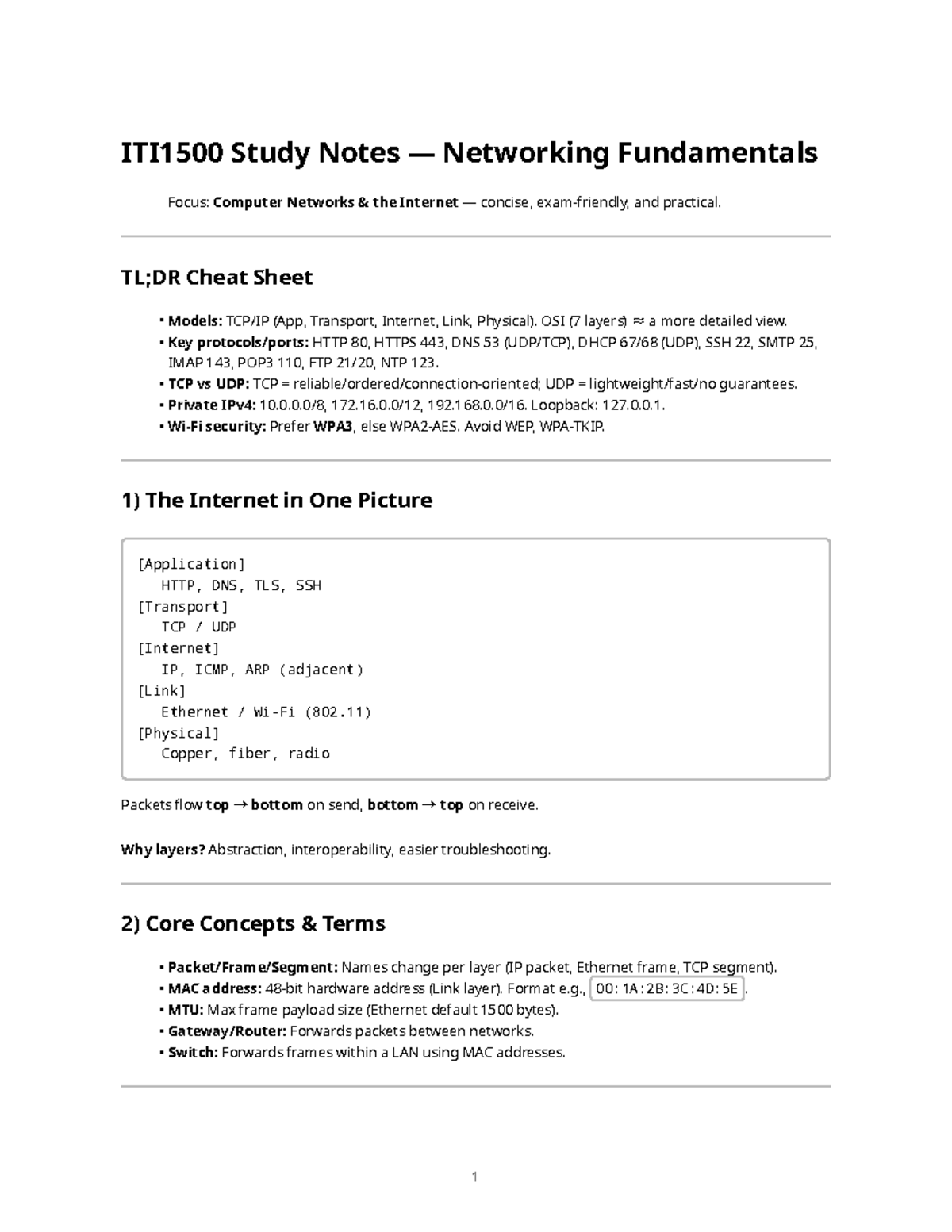 ITI1500 Study Notes: Networking Fundamentals Cheat Sheet - Studocu