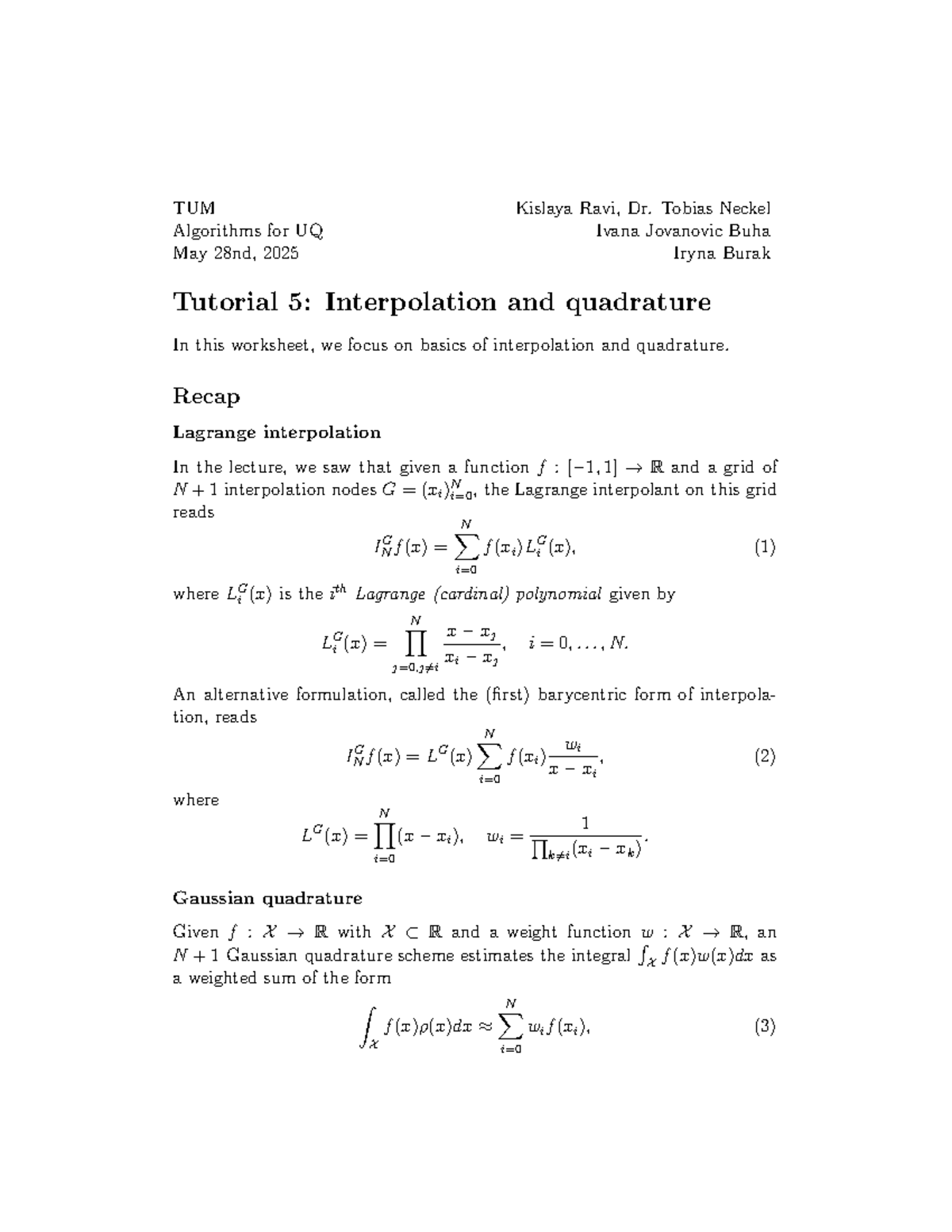 TUM UQ Algorithms Tutorial 5: Interpolation & Quadrature Solutions ...