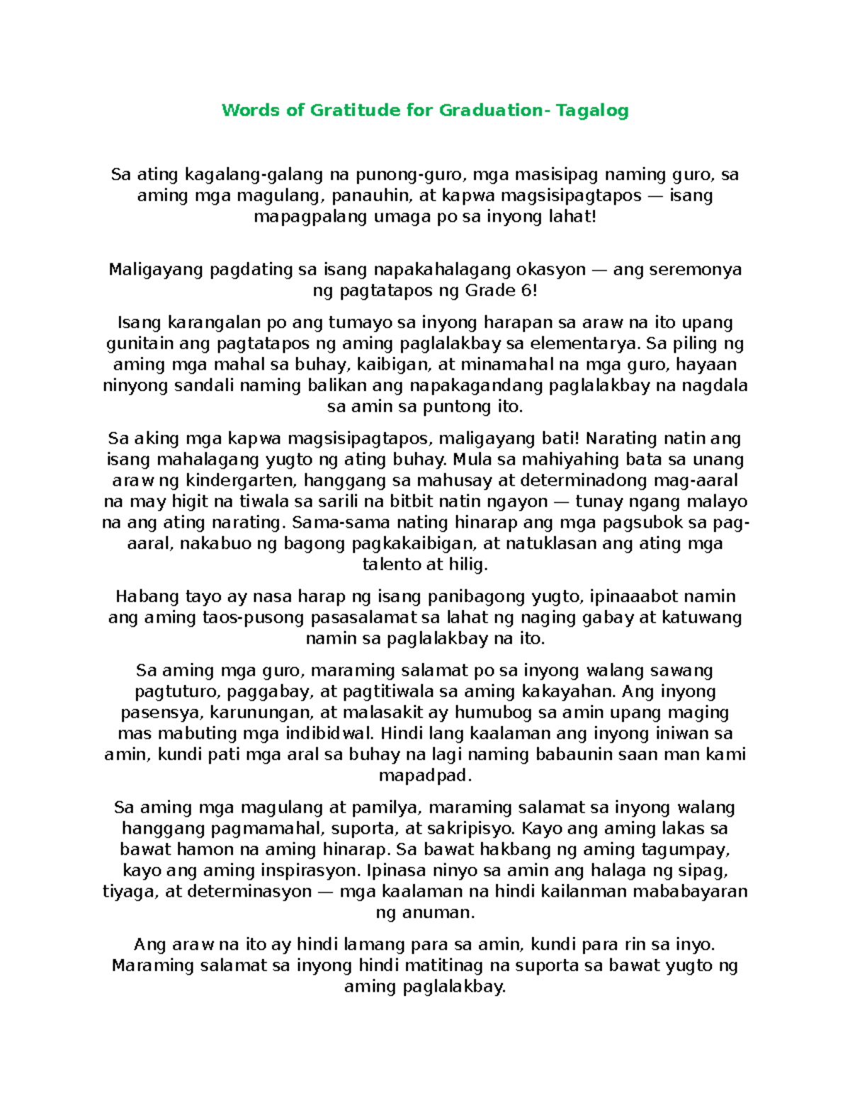 Grade 6 Graduation Gratitude Message - Tagalog - Studocu