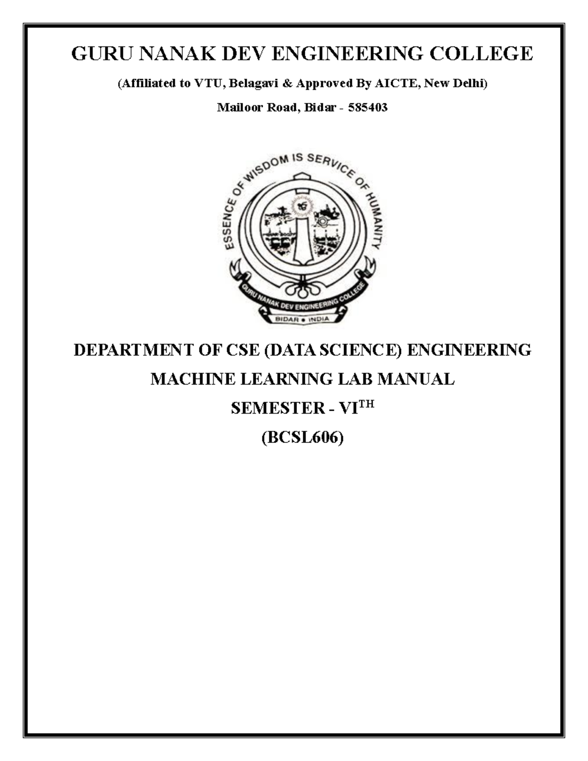 BCSL606 Machine Learning Lab Manual - Semester VI Experiments - Studocu