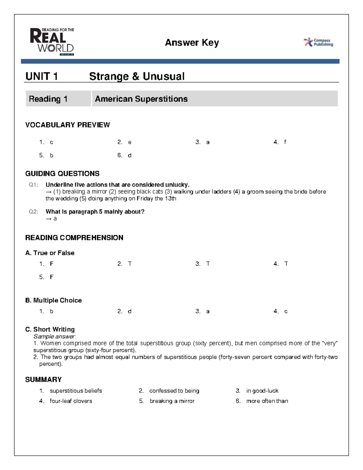 Reading for the Real World 4th Edition 1 Answer Key Details - Studocu