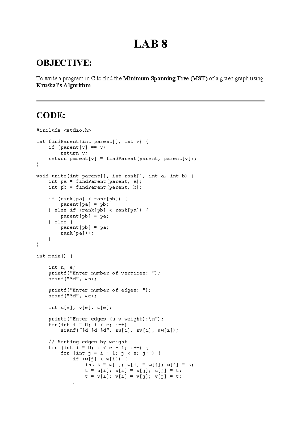 DAA8 - C Program for Minimum Spanning Tree (MST) Lab 8 - Studocu