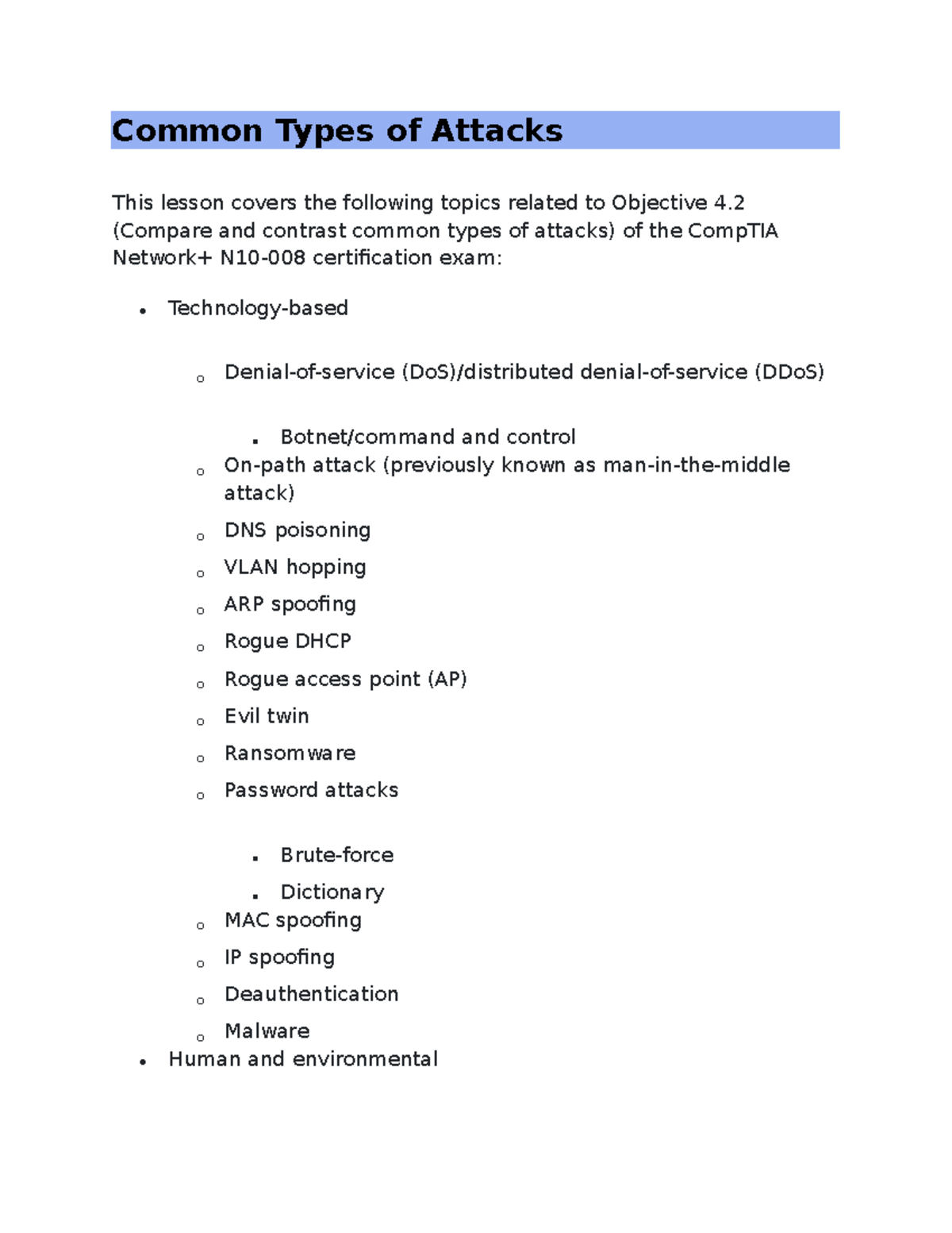 CompTIA Network+ N10-008: Overview of Common Cybersecurity Attacks - Common Types of Attacks ...