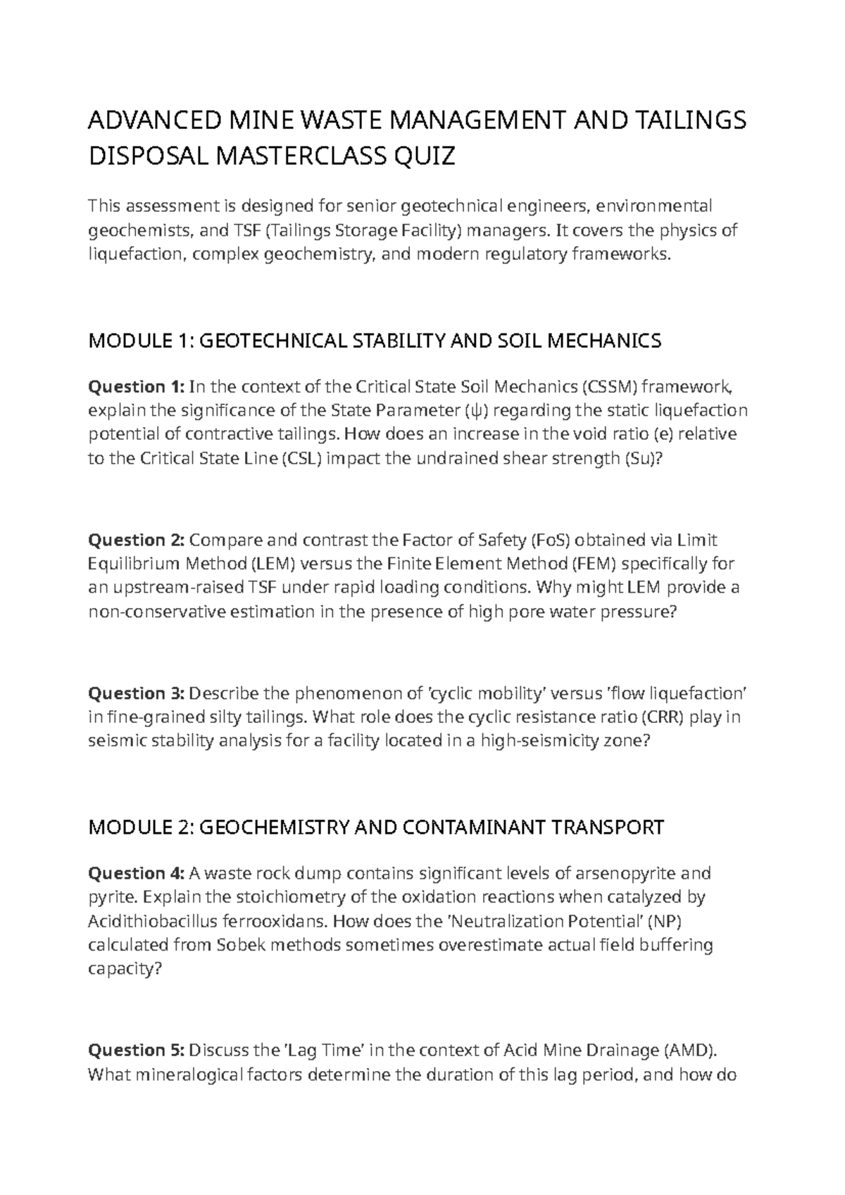 ADVANCED MINE WASTE MANAGEMENT & TAILINGS DISPOSAL MASTERCLASS QUIZ ...