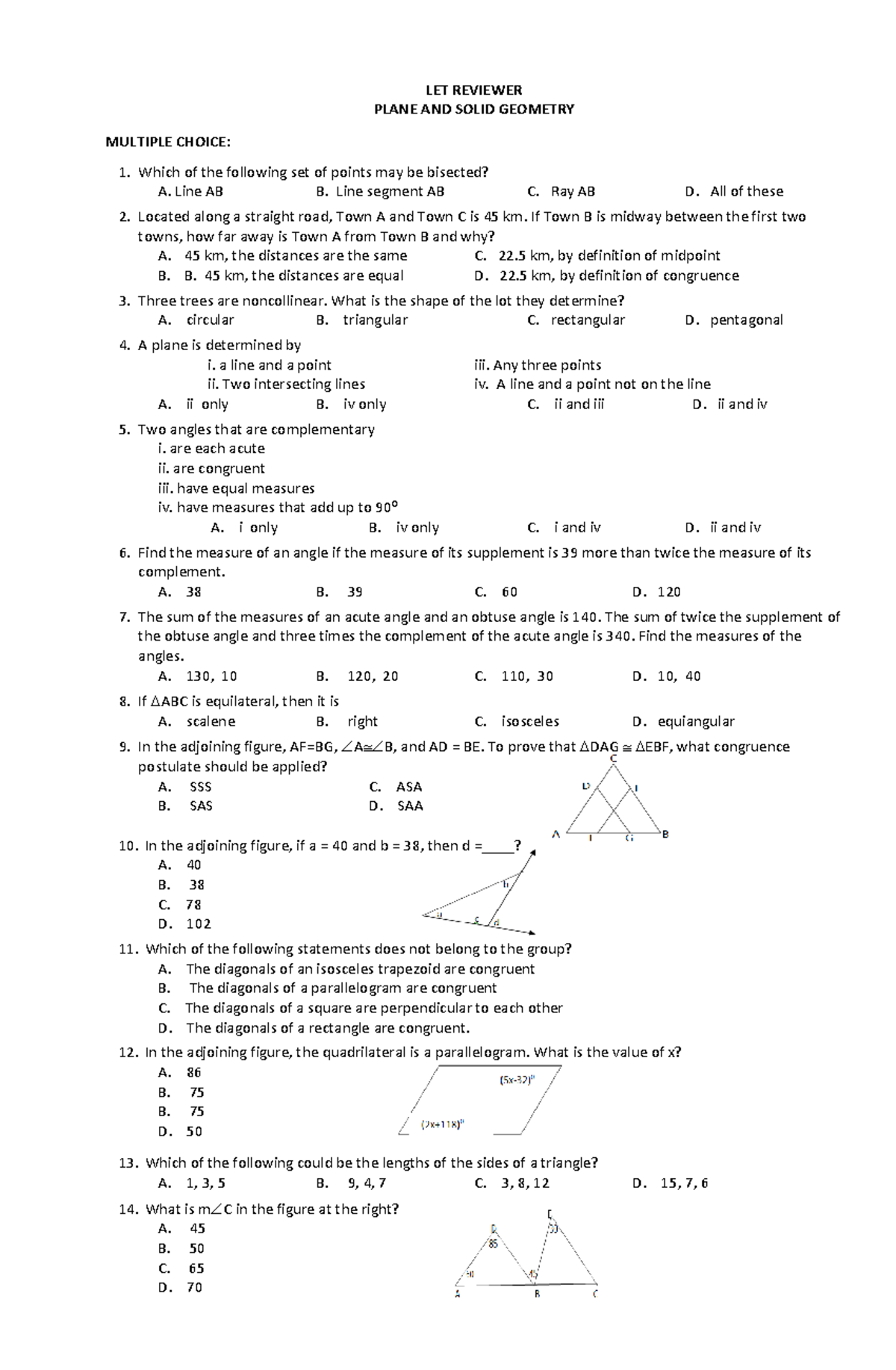 LET REVIEWER: PLANE AND SOLID GEOMETRY MCQs - Studocu