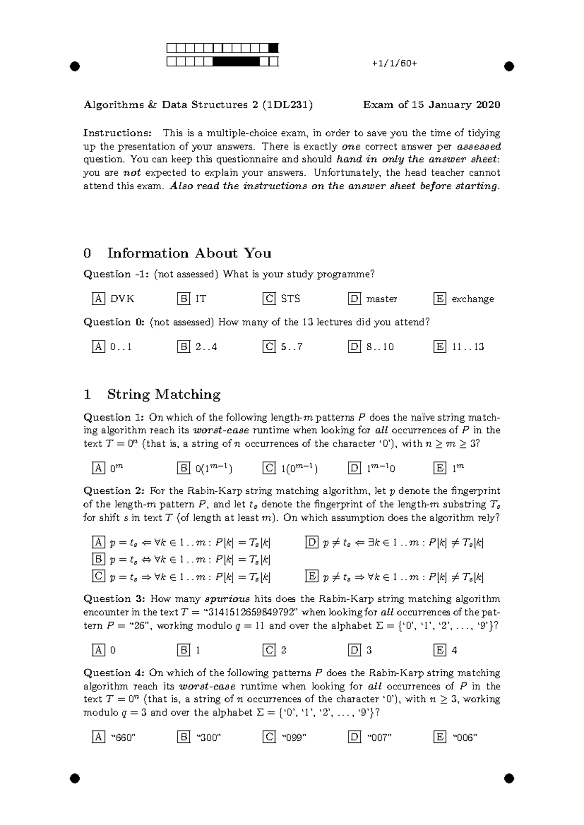 Algorithms and Data Structures 2 (1DL231) Exam - January 15, 2020 - Studocu