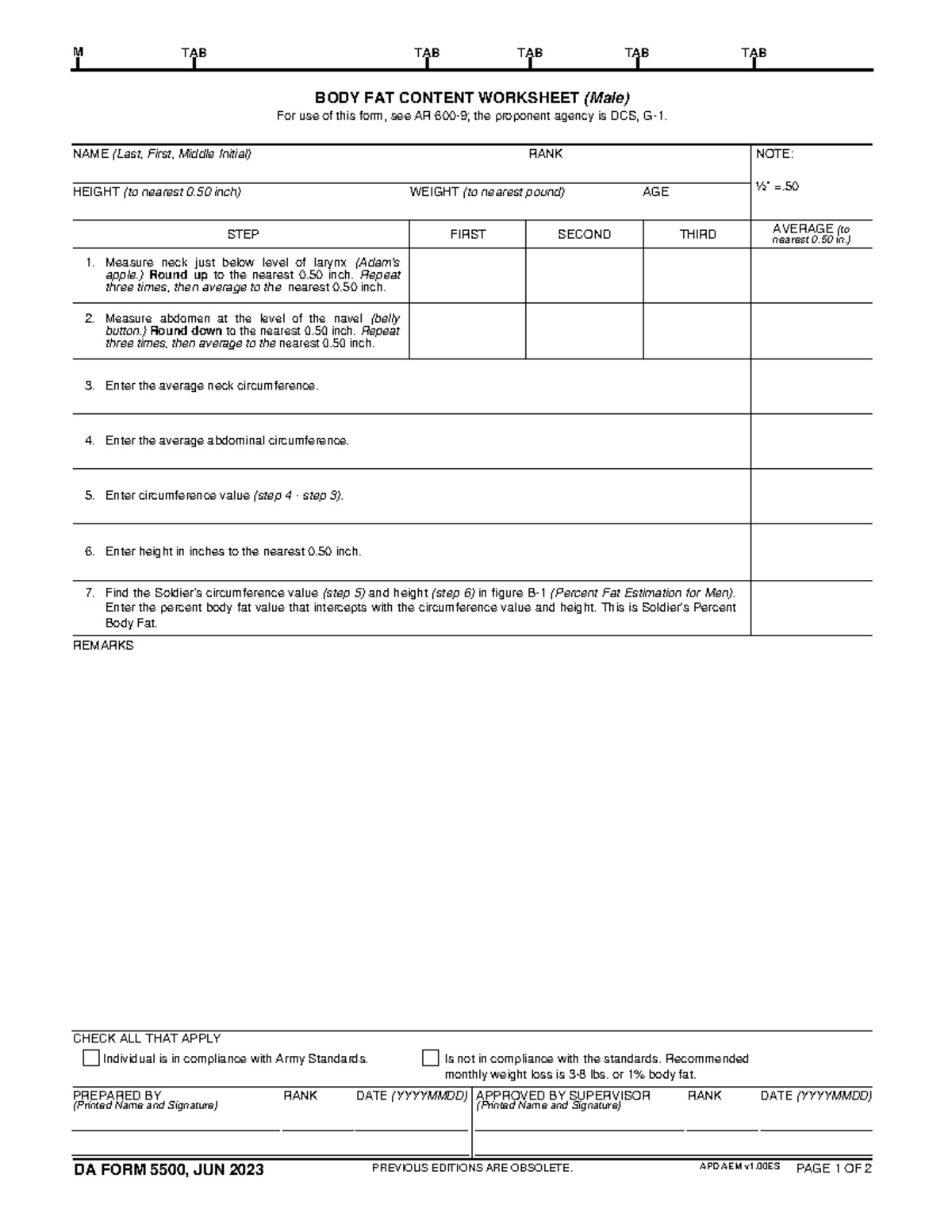 DA Form 5500 - Body Fat Content Worksheet (JUN 2023) - Studocu