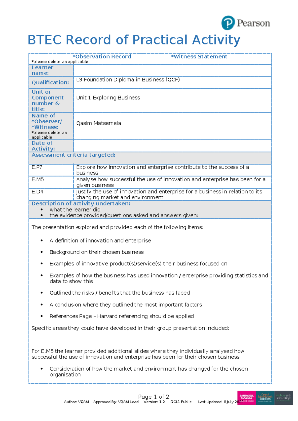 BTEC L3 Business Unit 1 Practical Activity Record 2022-23 - Studocu