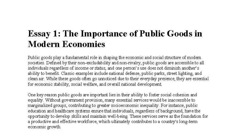 Essay 1: The Role of Public Goods in Modern Economies - Econ 101 - Studocu
