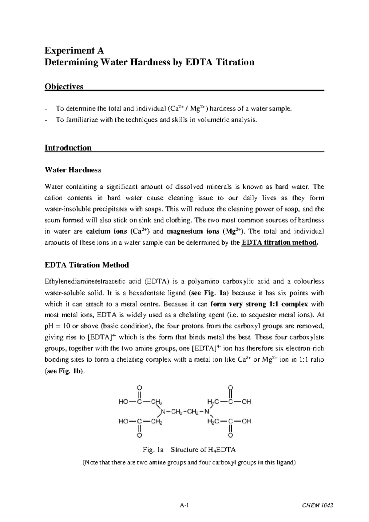 Expt A Manual - Experiment A Determining Water Hardness by EDTA ...